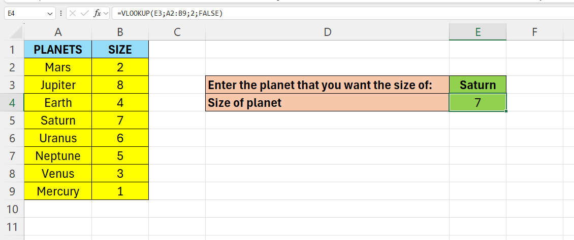 EXCEL – USE VLOOKUP TO GET SIZE OF PLANET – Excel tutorials